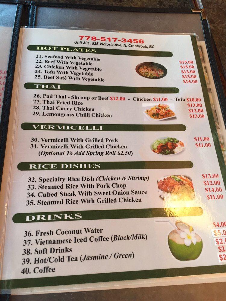 Menu at Pho Saigon restaurant, Cranbrook
