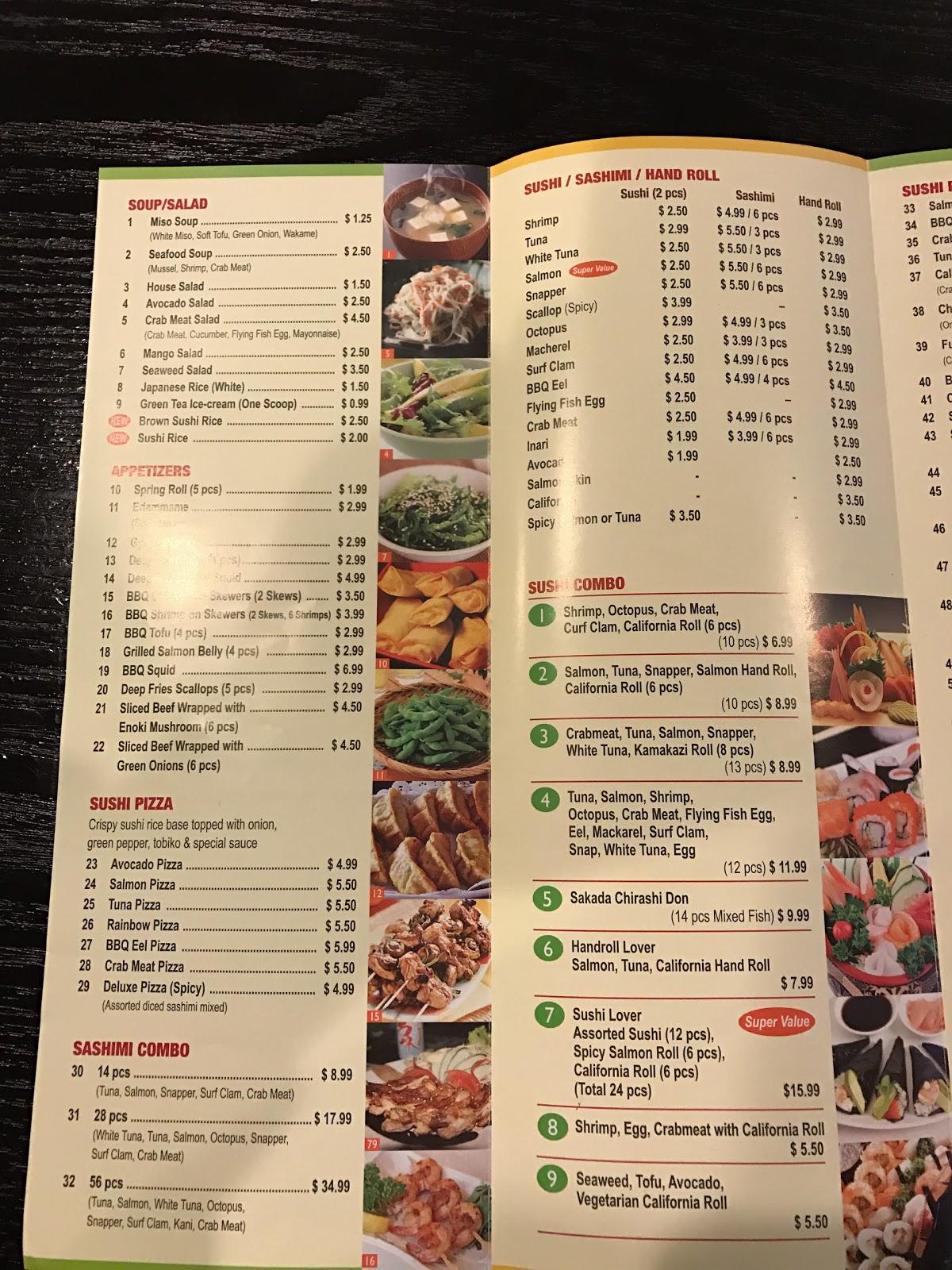 Menu at Sakada Sushi Teriyaki Restaurant, Pickering