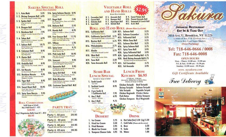 Menu at Sakura Japanese restaurant, New York City, Avenue U #5802