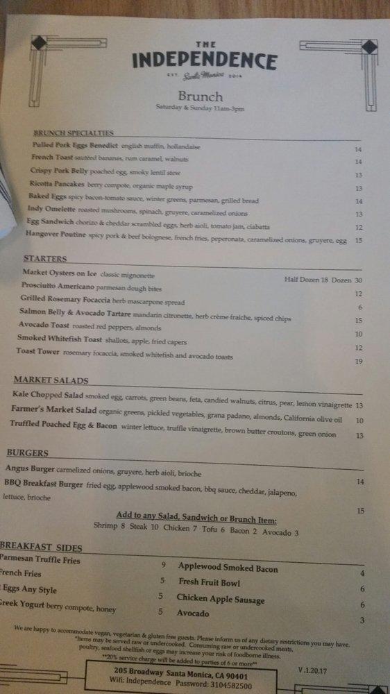 Menu at The Independence restaurant, Santa Monica
