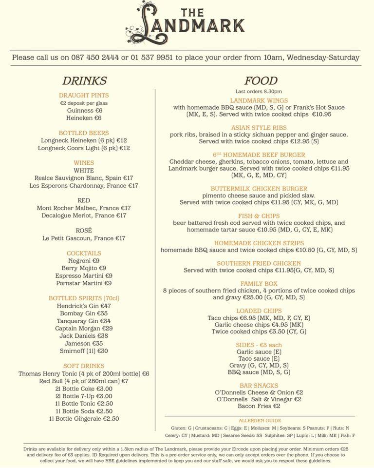 Menu at The Landmark pub & bar, Dublin