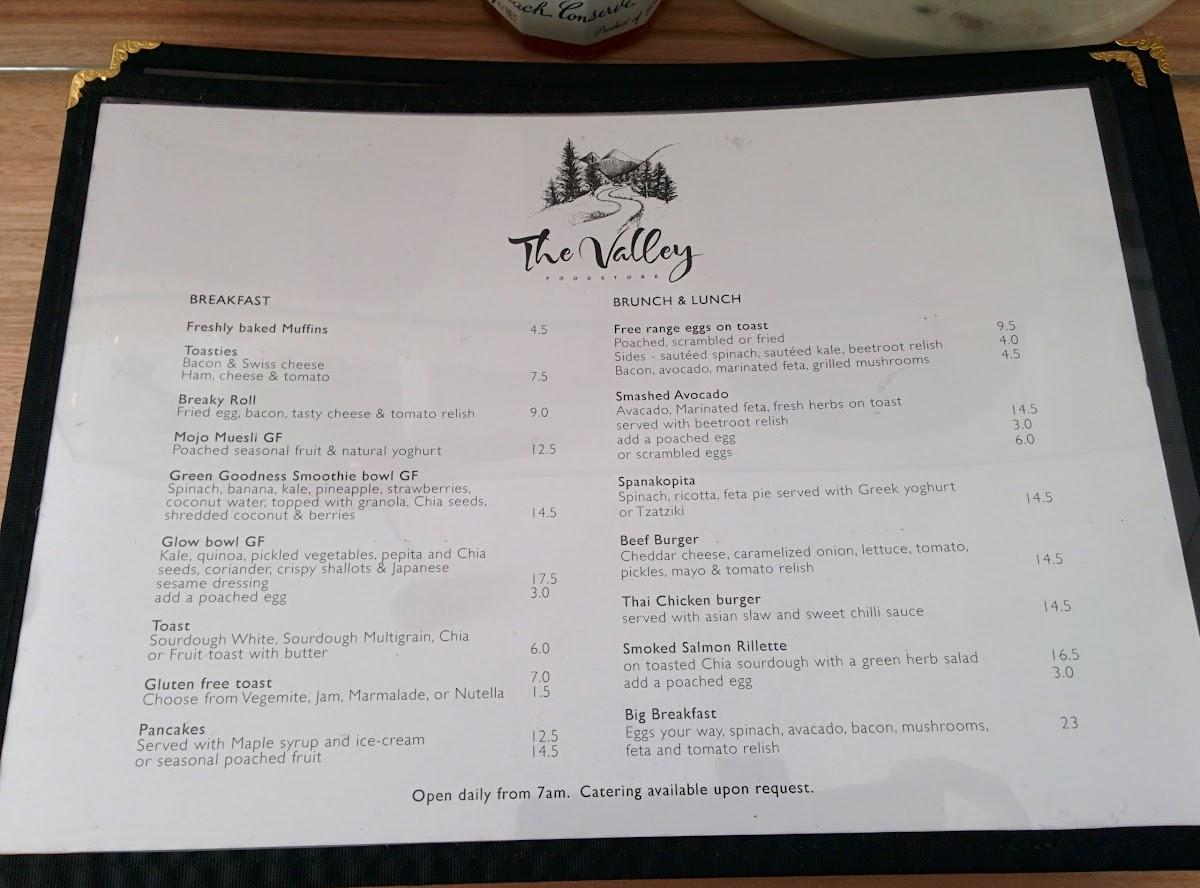 Menu at The Valley Foodstore cafe, Malvern East