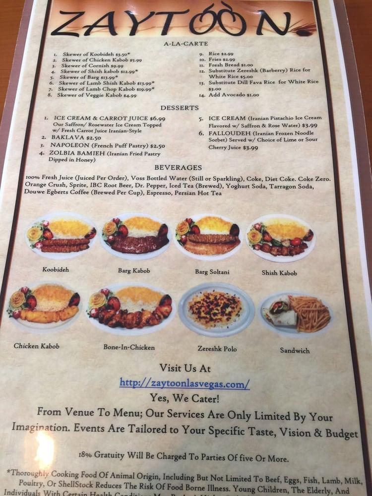 Menu at Zaytoon restaurant, Las Vegas