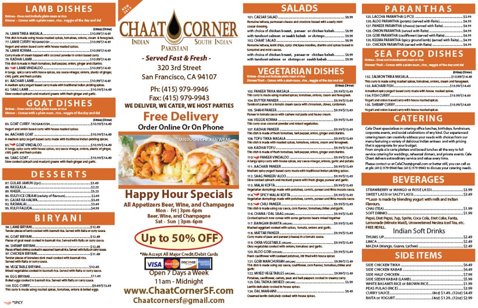Menu at Chaat Corner formerly Cafe Chaat, San Francisco