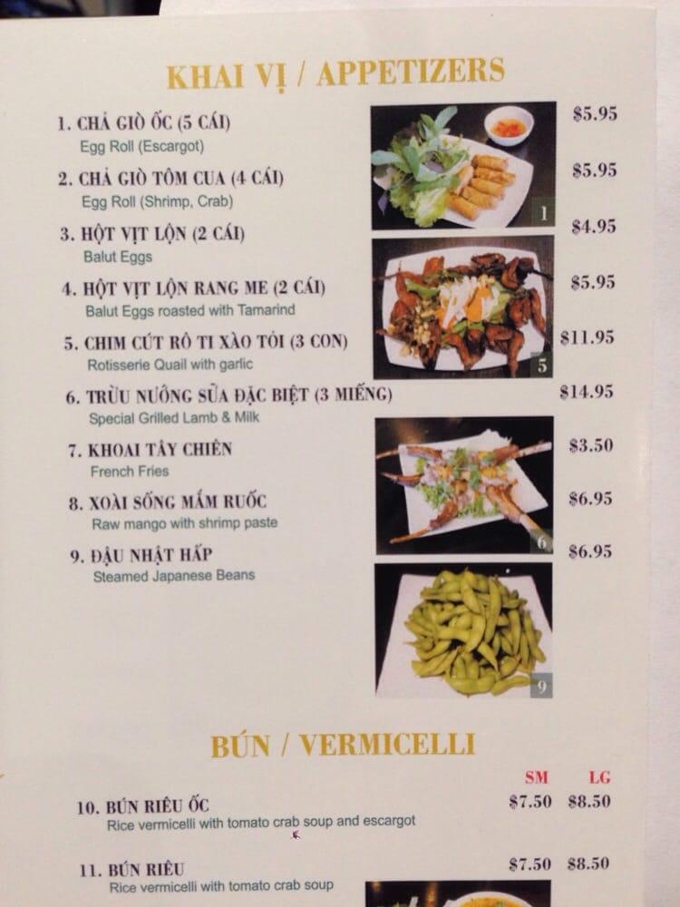 Menu at Dong Que Restaurant, San Jose