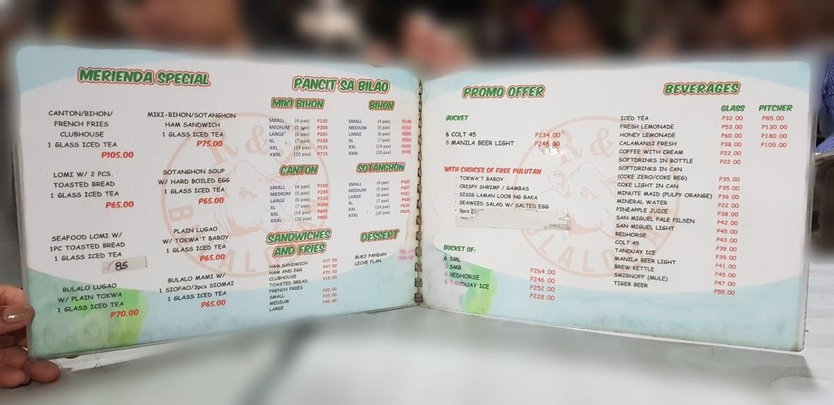 Menu at R&J Bulalohan restaurant, Mandaluyong