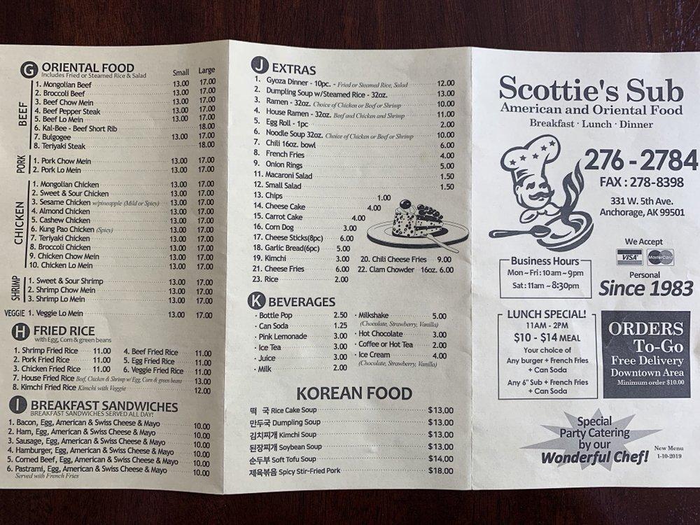 Menu at Scottie's Sub Shop fast food, Anchorage