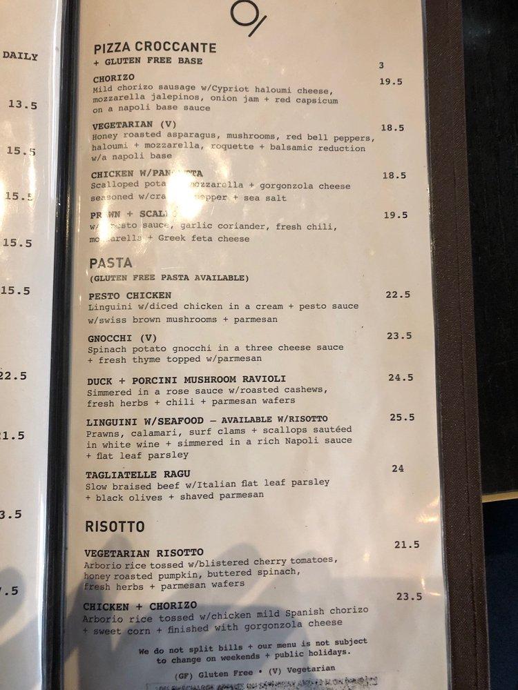 Menu at The Quarter restaurant, Melbourne