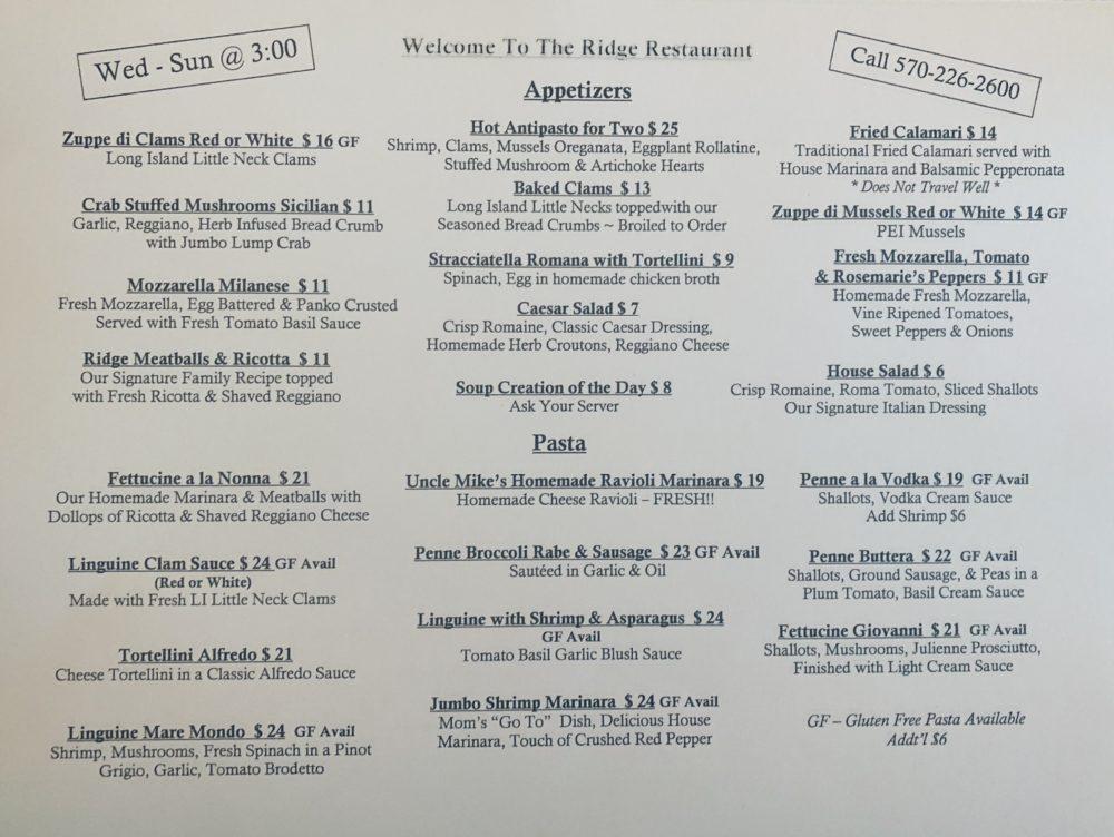 Menu at The Ridge Restaurant, Hawley