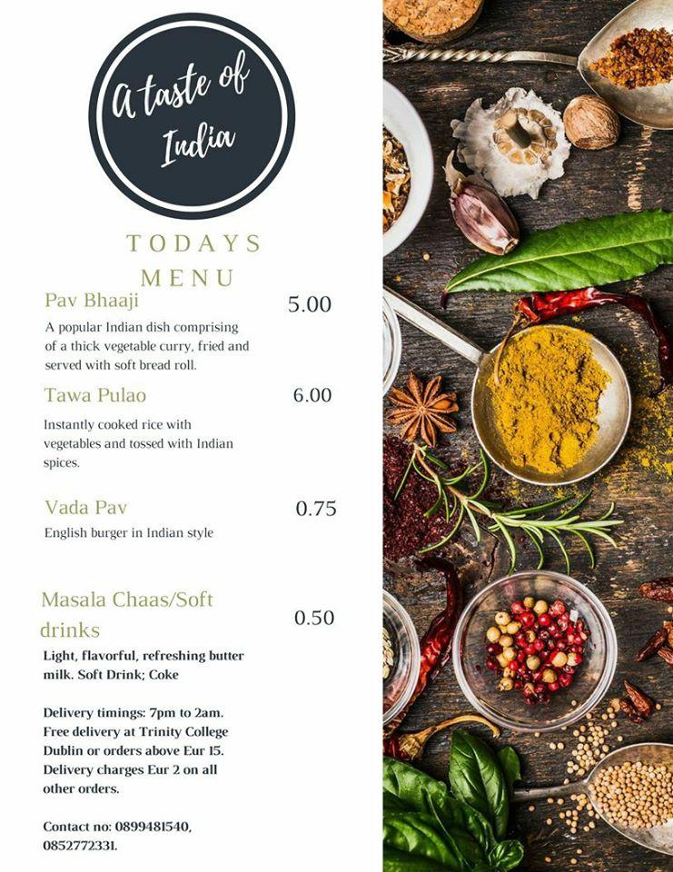 Menu at A Taste of India restaurant, Dublin