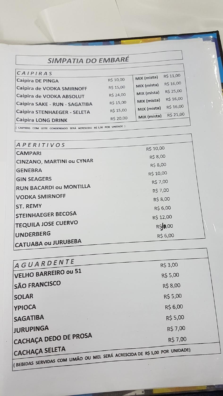 Menu em Bar e Lanches Simpatia do Embaré, Santos