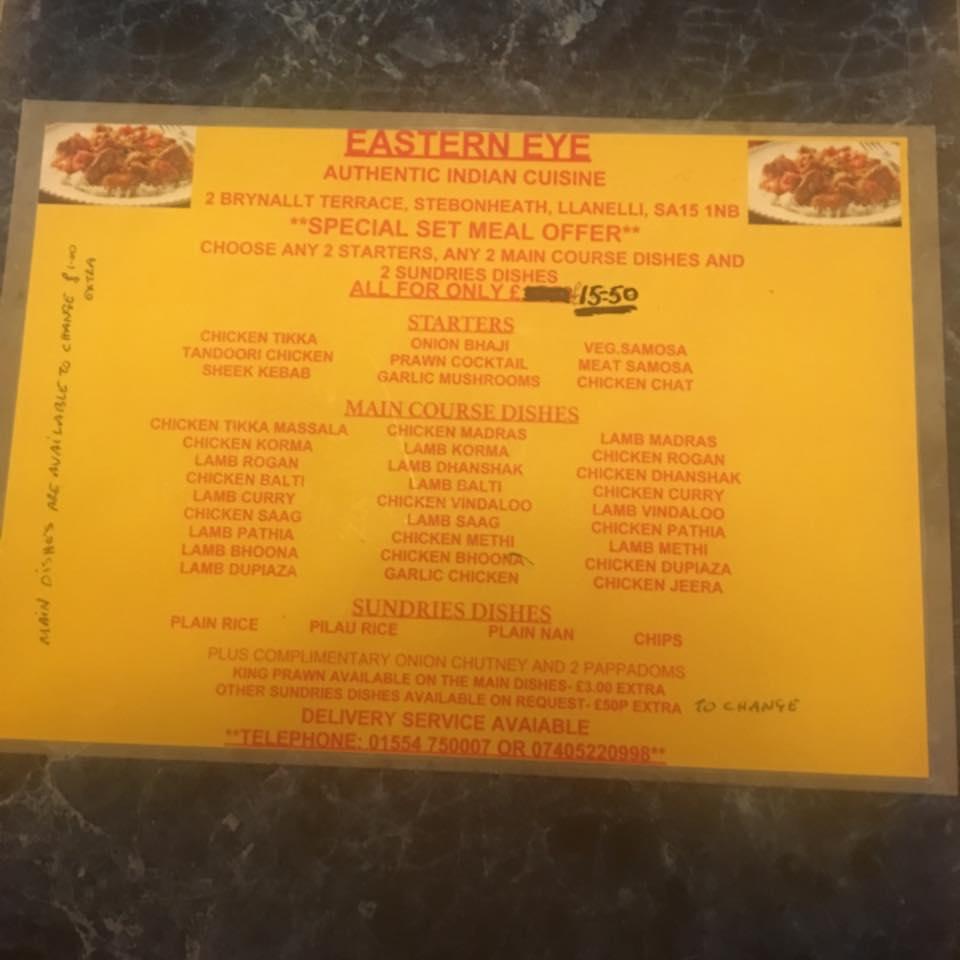Menu at Eastern Eye pub & bar, Llanelli