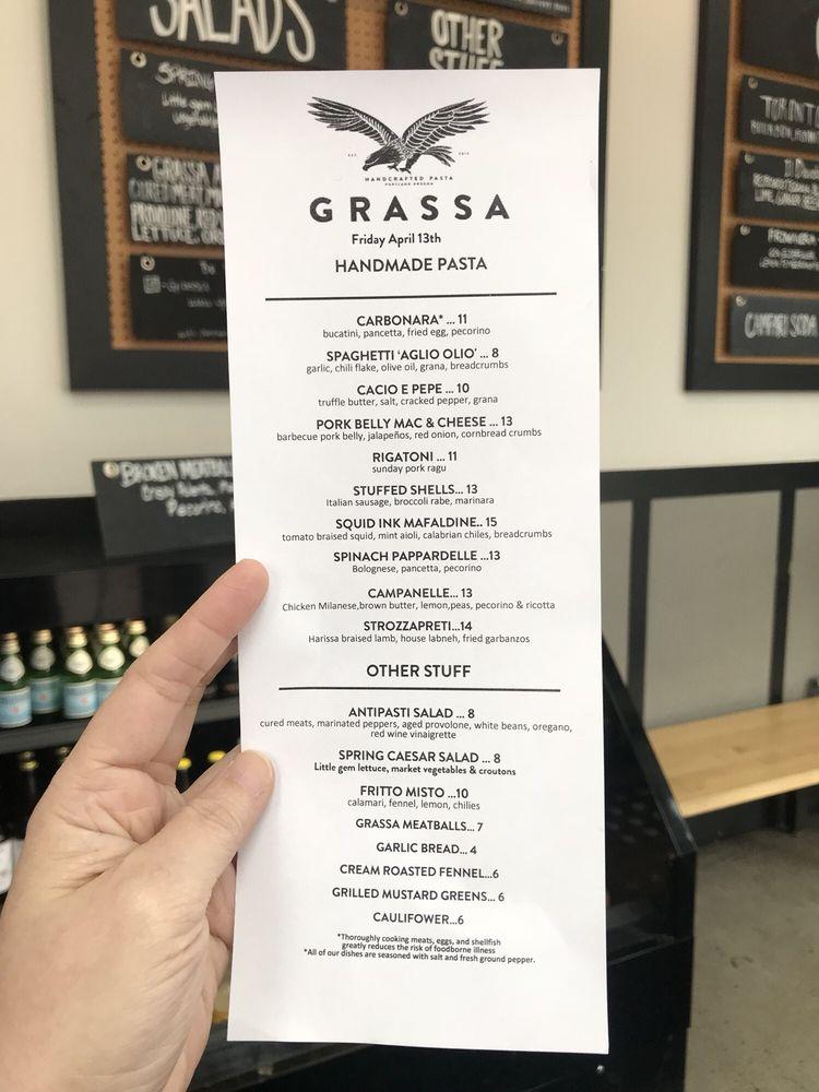Menu at Grassa restaurant, Portland, SW Washington St