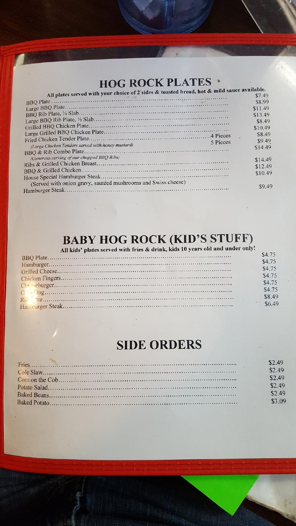 Menu at Hog Rock Bar-B-Q, Wetumpka