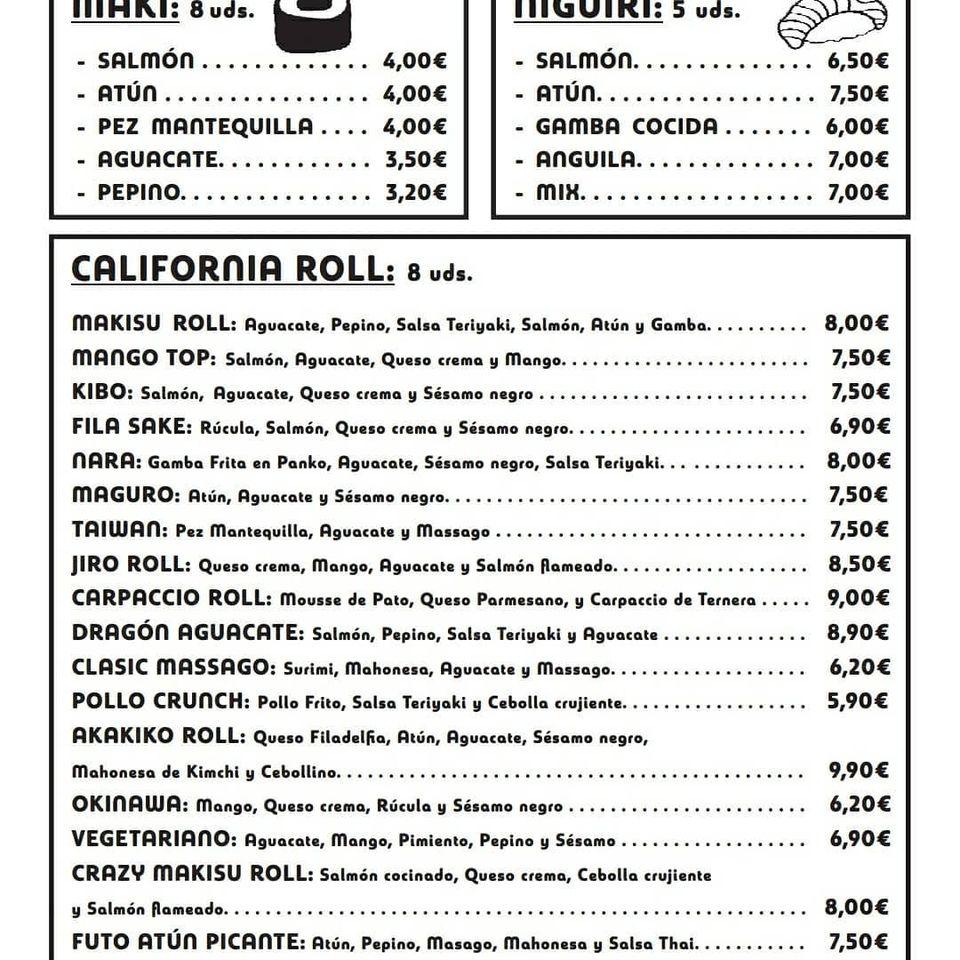 Menu at MAKISU restaurant, Don Benito