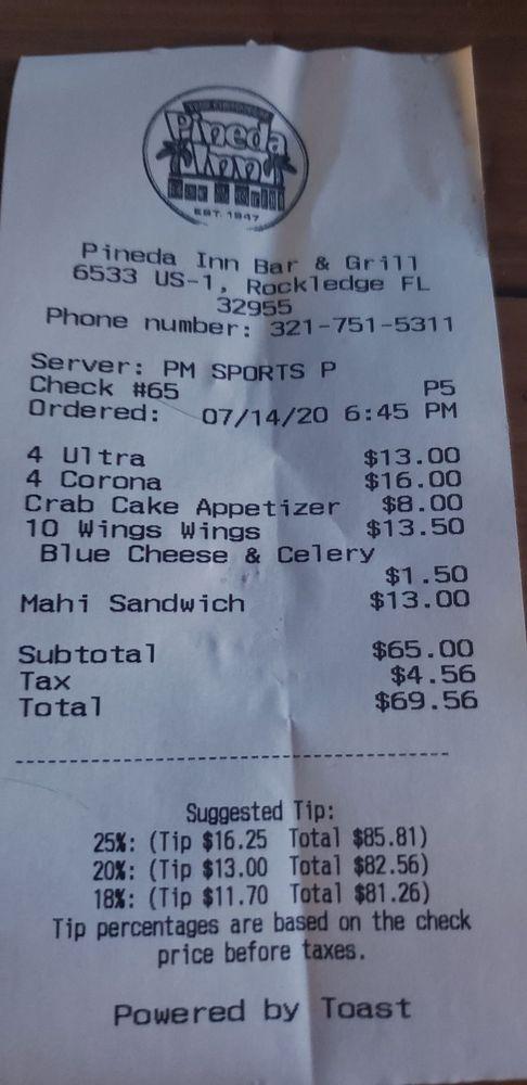 Menu at Pineda Inn Bar & Grill, Melbourne, US-1
