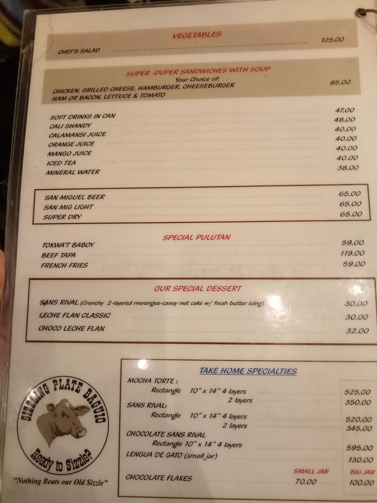 Menu at Sizzling Plate Leonard Wood restaurant, Baguio