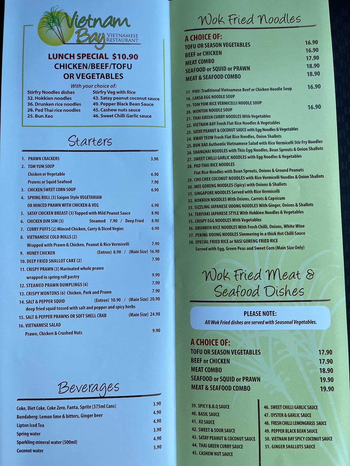 Menu at Vietnam Bay restaurant, Hallett Cove