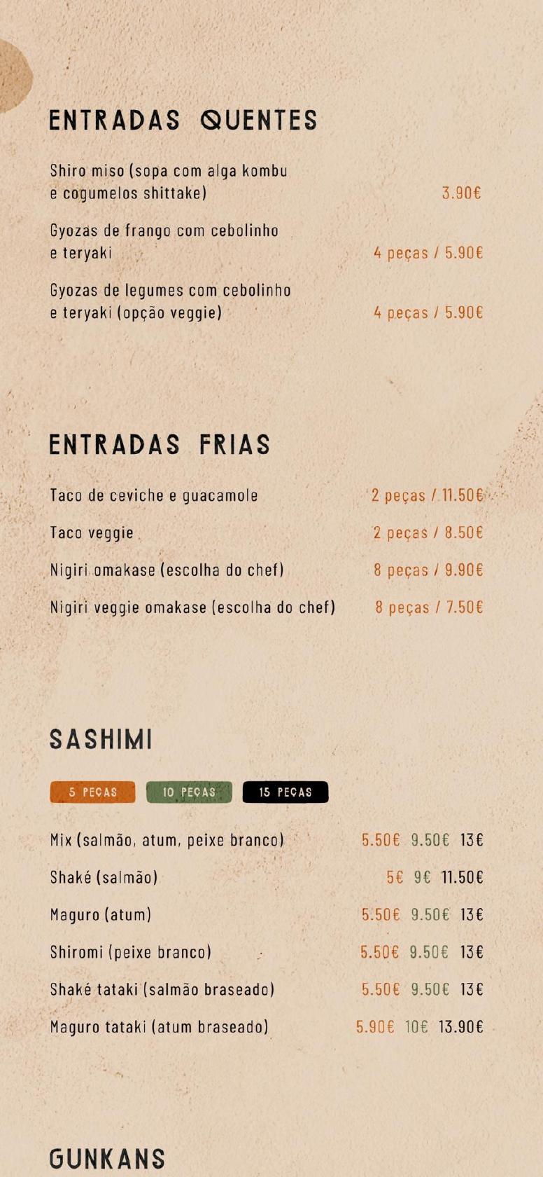 Menu at Wabi Sabi sushi experience restaurant, Lisbon