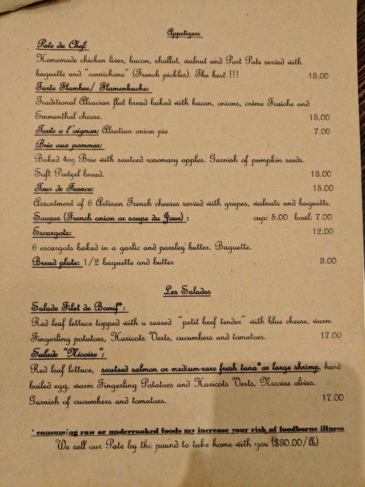 Menu at Cafe Alsace, Decatur