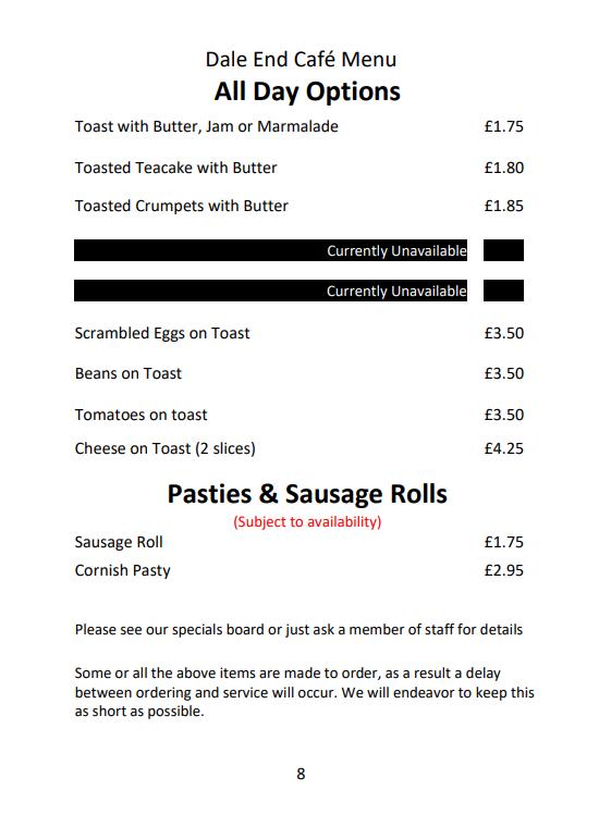 Menu at Dale End Café cafe, Coalbrookdale