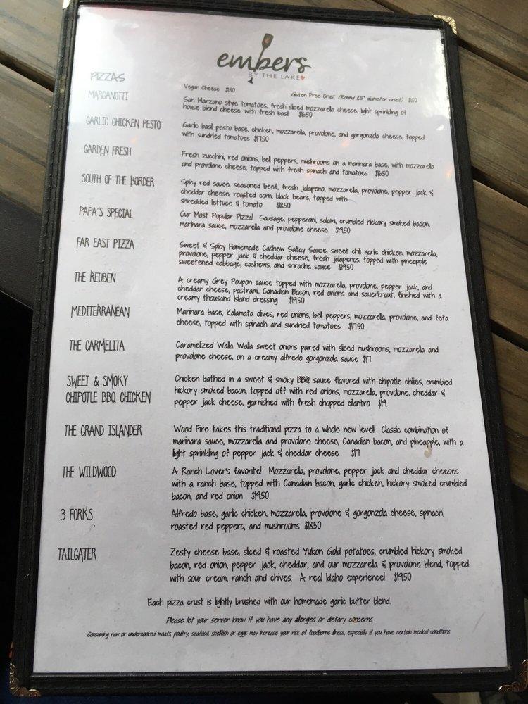 Menu at Embers by the Lake pizzeria, Hauser