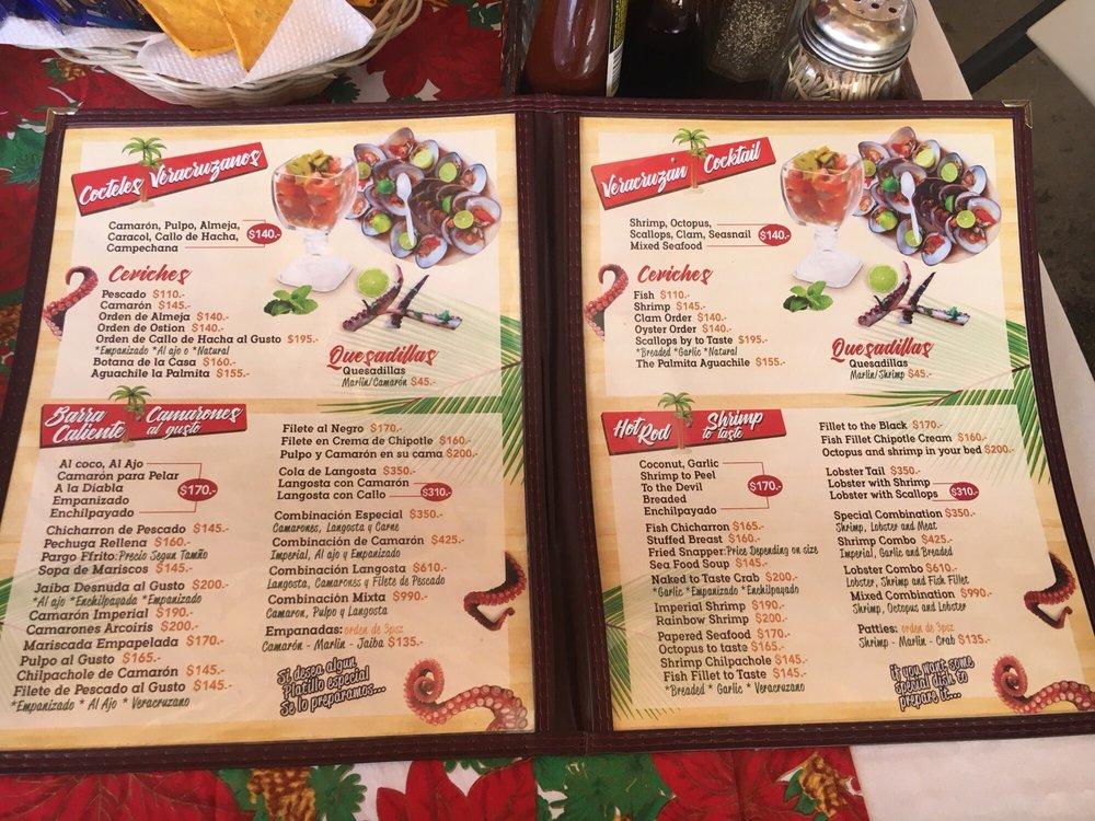 Menu at Mariscos La Palmita restaurant, Cabo San Lucas
