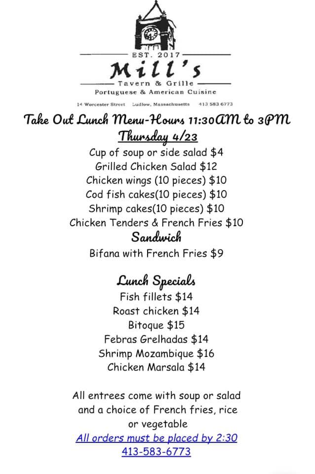 Menu at Mill's Tavern & Grille restaurant, Ludlow