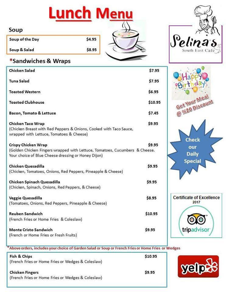 Menu at Selina's South East Cafe, Sarnia