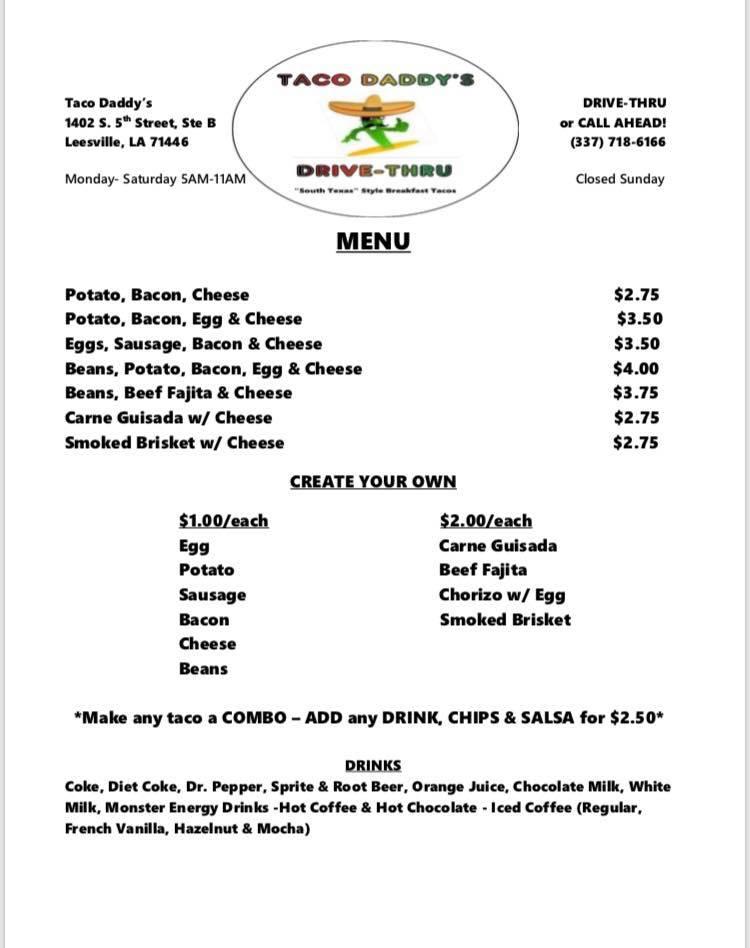 Menu at Taco Daddy’s restaurant, Leesville