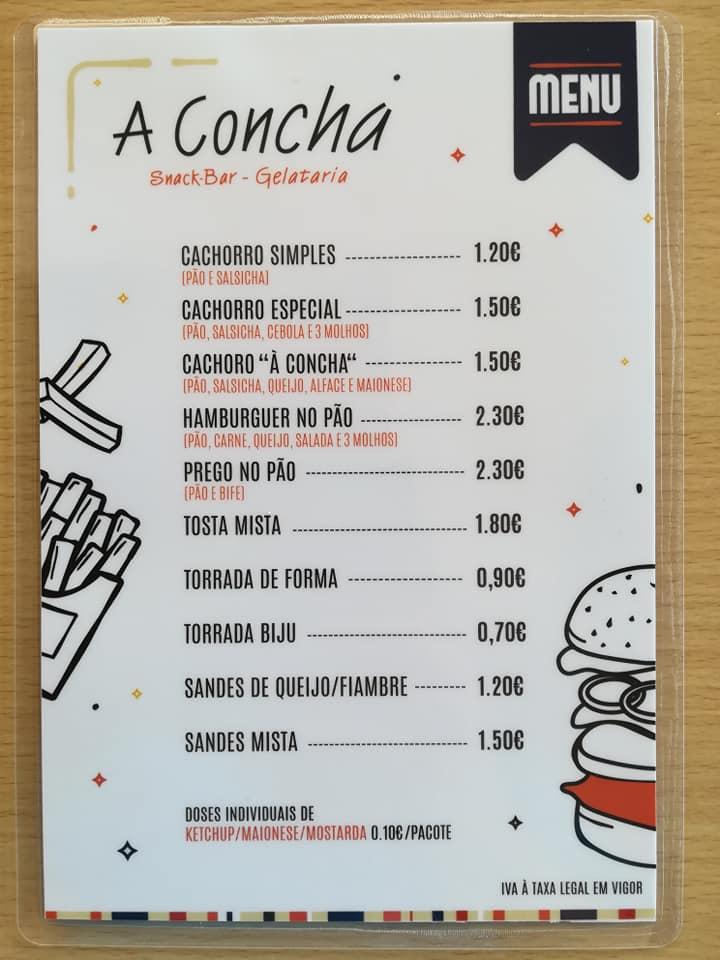 Menu em Snack-Bar A Concha, Torreira