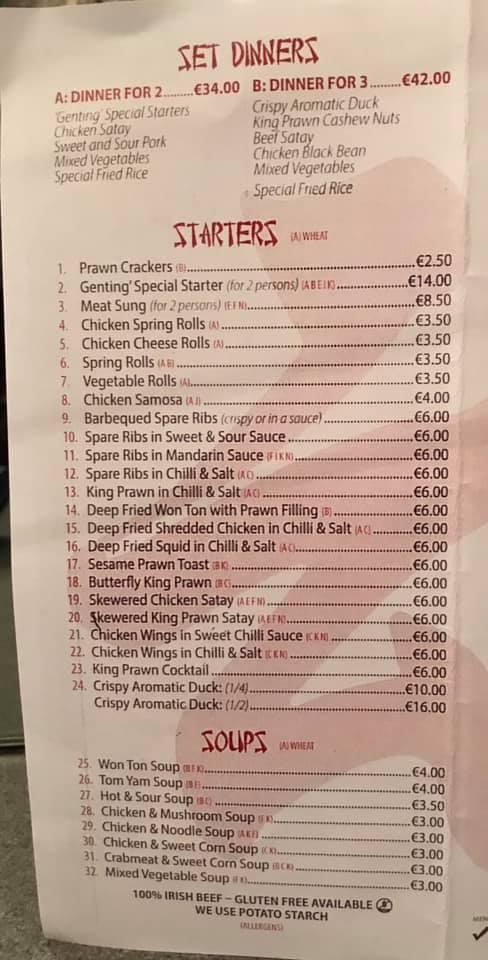 Menu at Genting Chinese Restaurant, Bandon