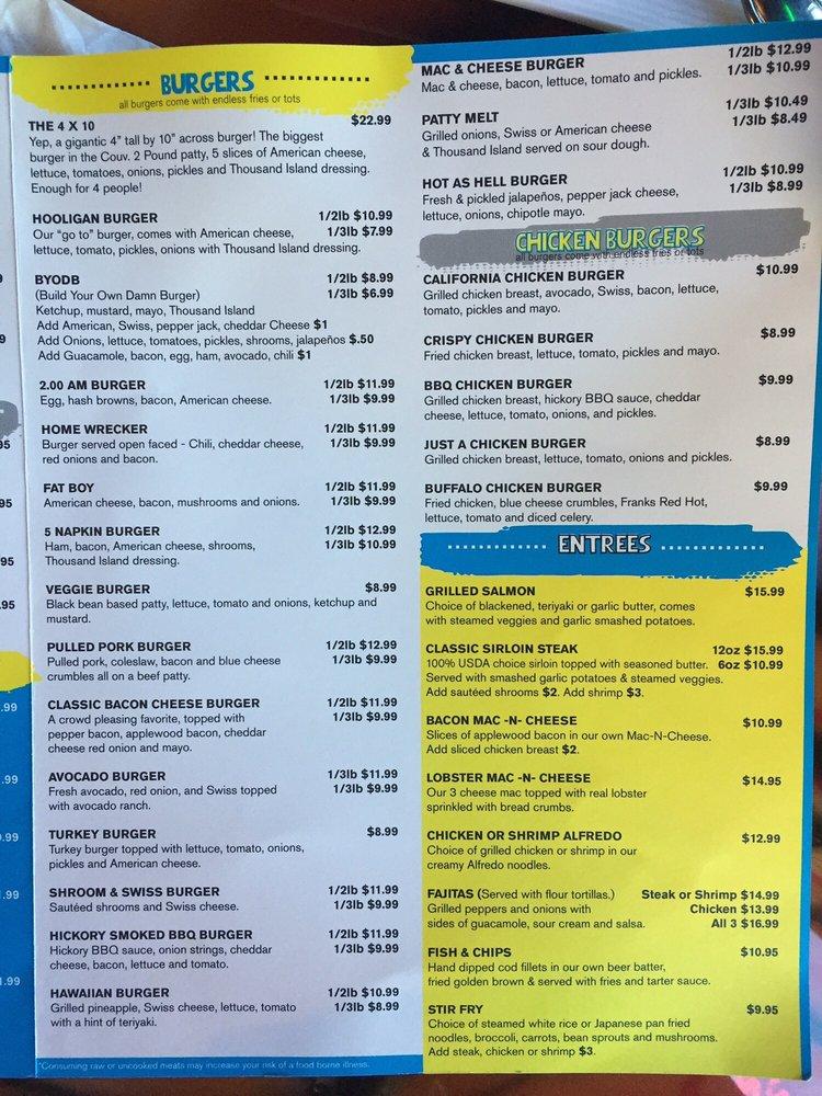 Menu at Hooligan's Sports Bar and Grill, Vancouver