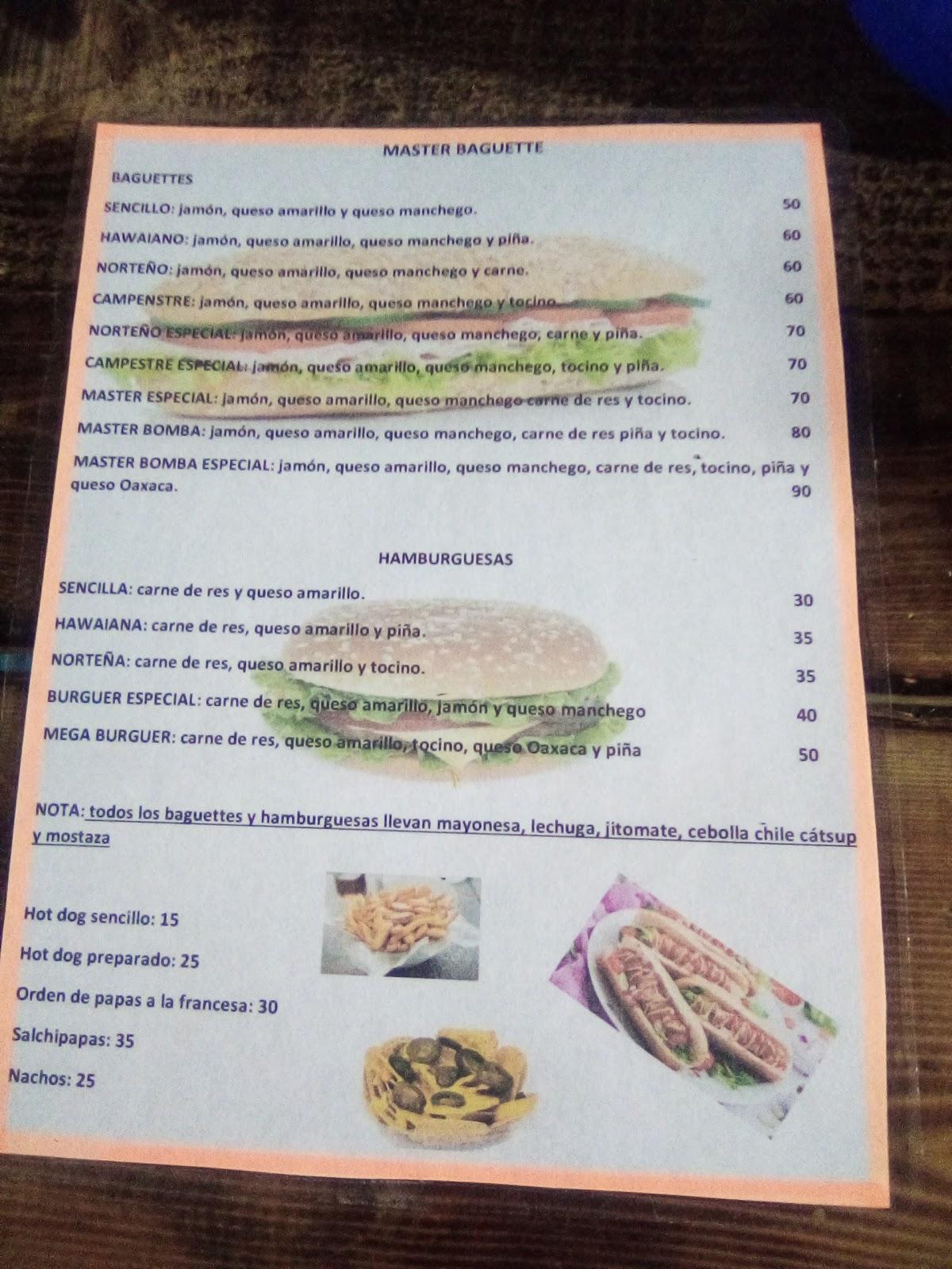 Menu at Máster Baguette restaurant, Cuautla