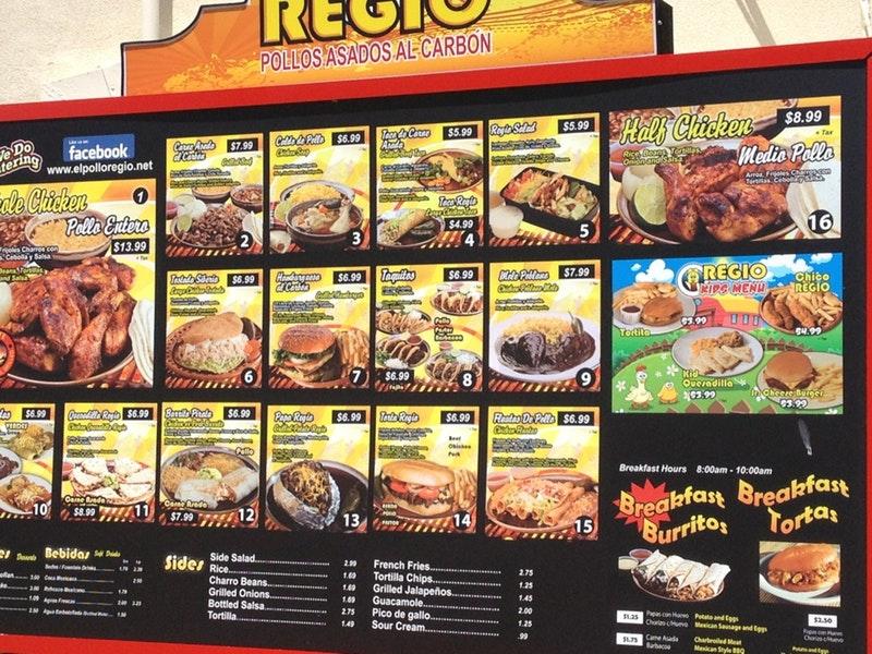 Menu at Pollo Regio restaurant, McKinney