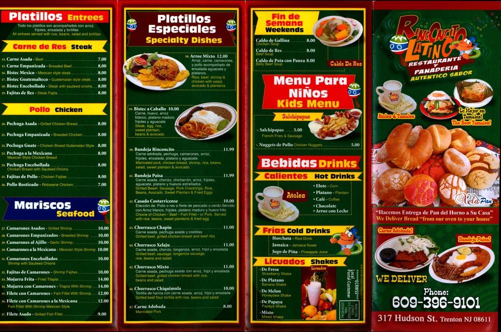 Menu at Rinconcito Latino restaurant, Trenton