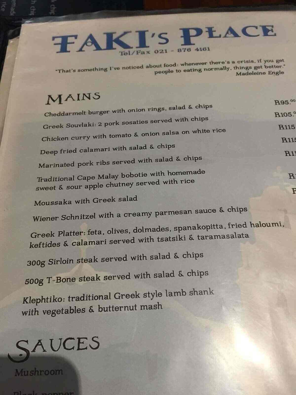 Menu at Taki's restaurant, Franschhoek