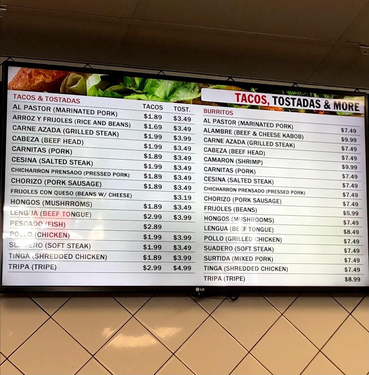 Menu at Taqueria El Toro restaurant, Raleigh, Junction Blvd