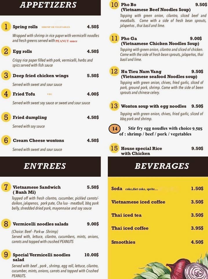 Menu at Taste of Vietnam restaurant, Chisago City