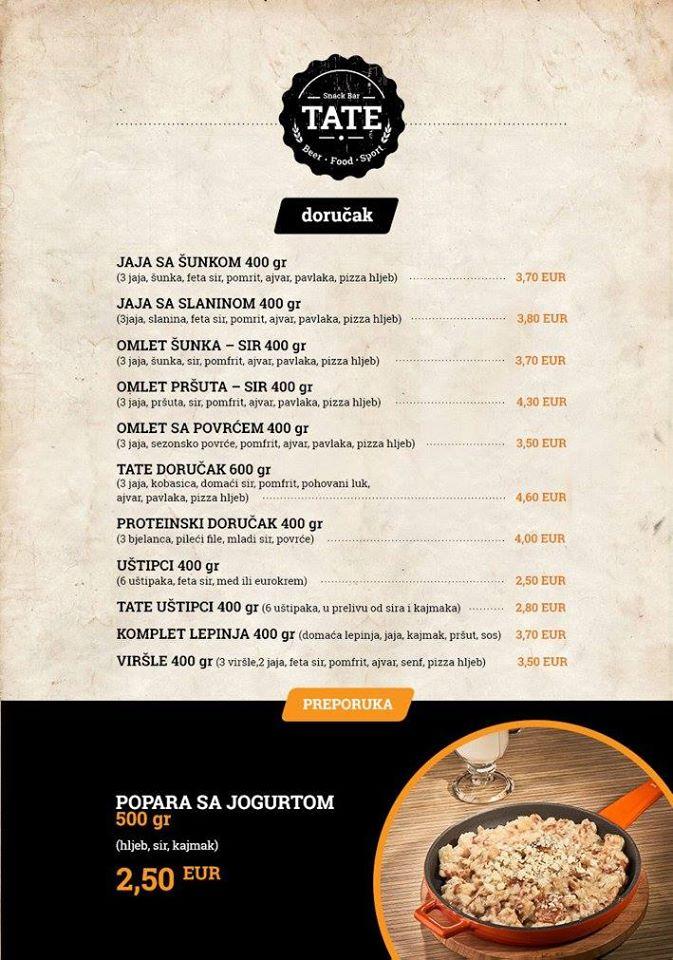 Carta del restaurante Tate Caffe, Budva