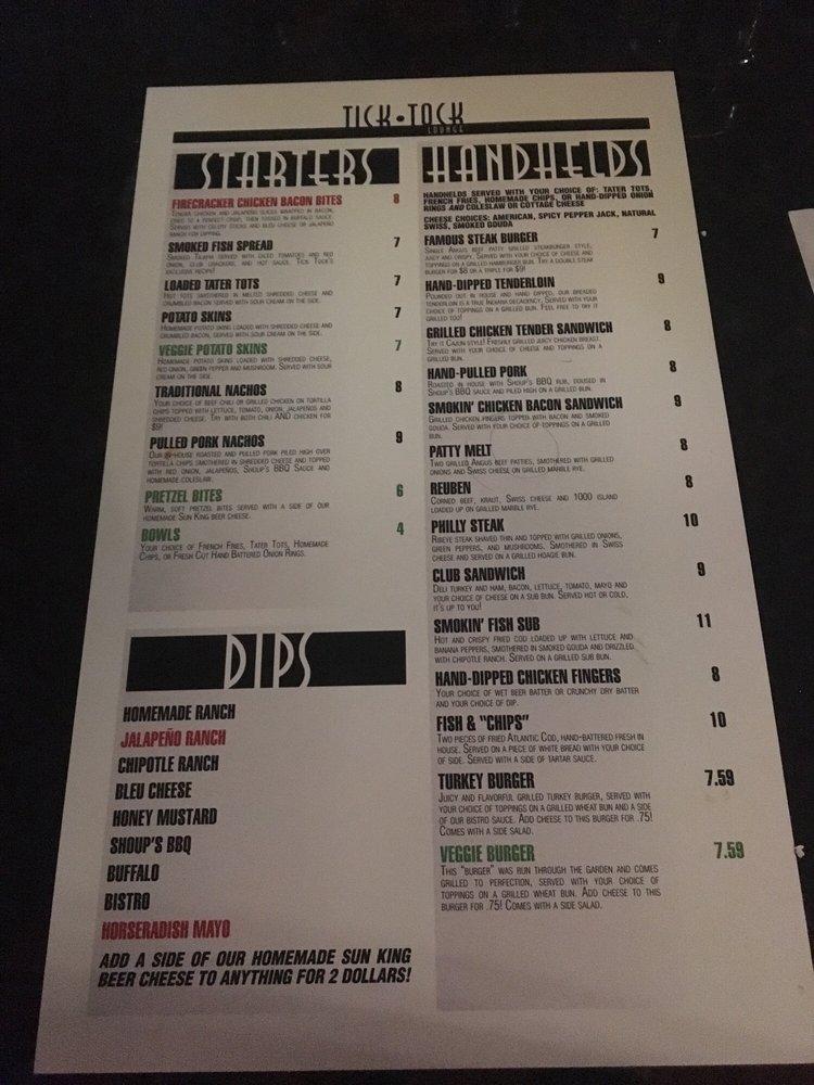 Menu at Tick Tock Lounge pub & bar, Indianapolis