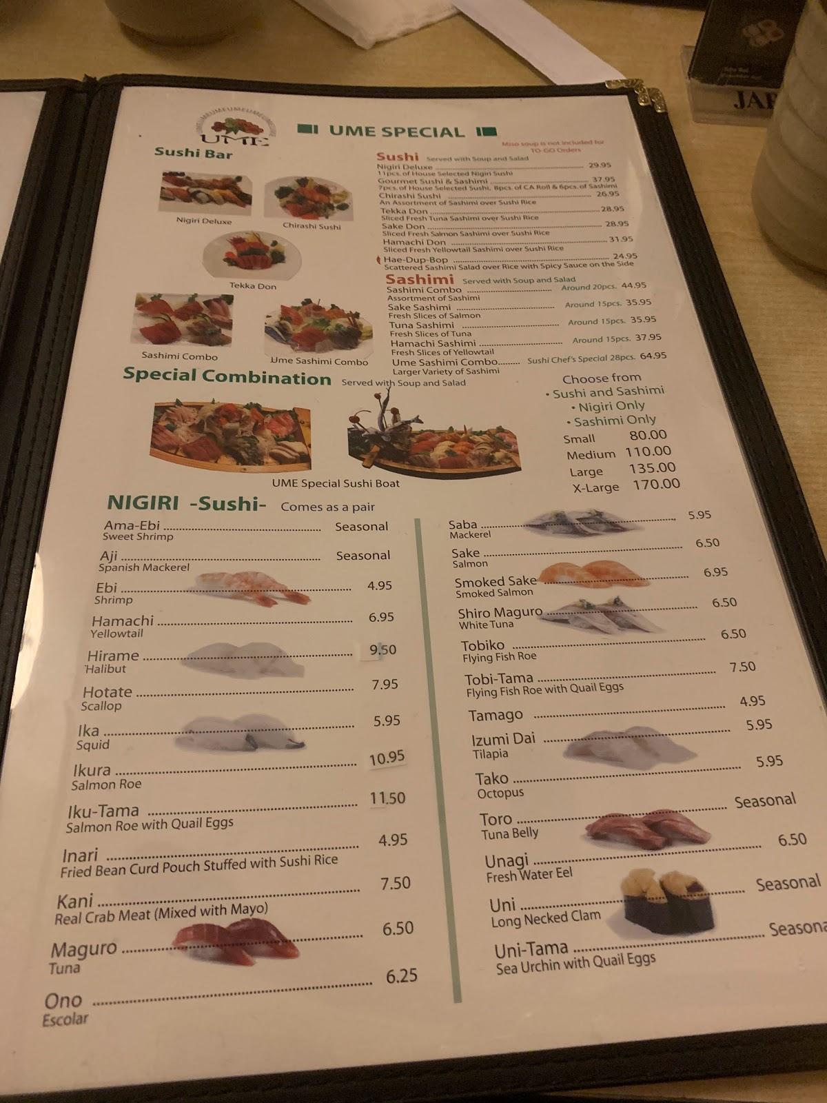 Menu at Ume Sushi Japanese Restaurant, Pleasanton