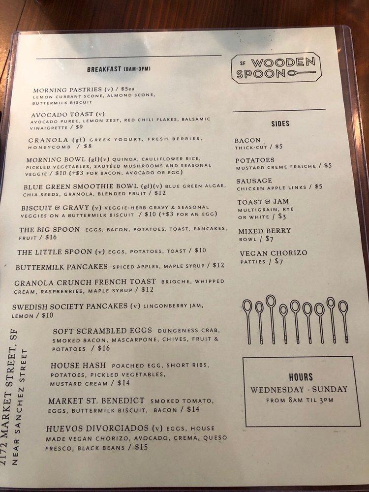 Menu at Wooden Spoon restaurant, San Francisco