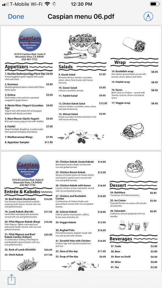 Menu at Caspian Cuisine restaurant, Mountain View