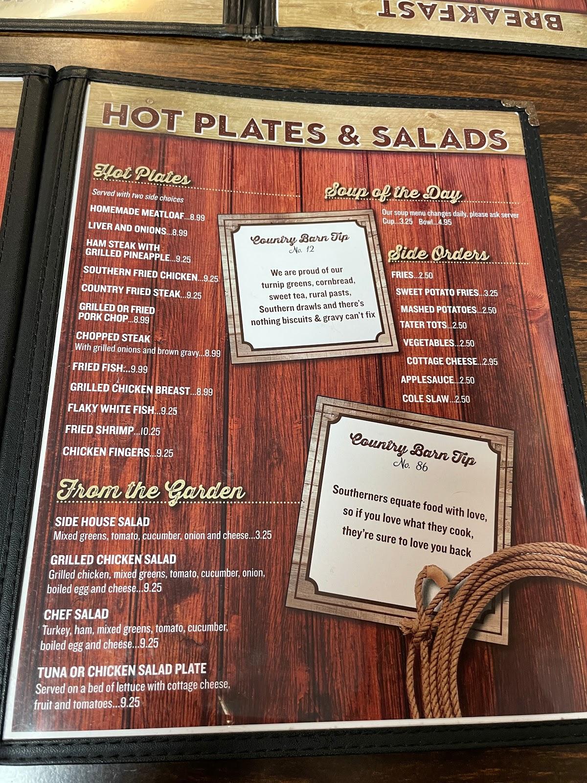 Menu at Country Barn Cafe, Melbourne