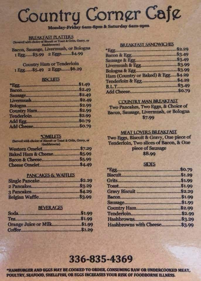 Menu at Country Corner Cafe, Ronda, Elkin Hwy