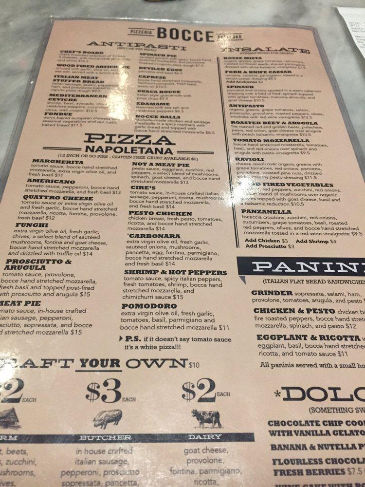Carta de Pizzeria Bocce, Cottonwood, N Main St