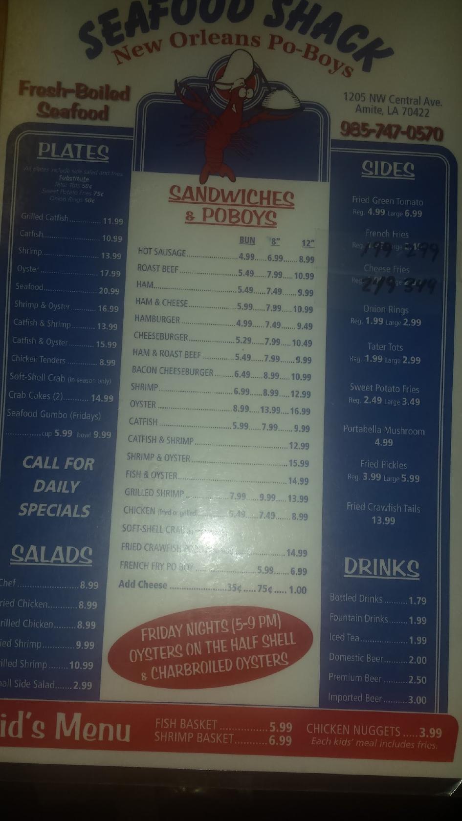 Menu at Seafood Shack restaurant, Amite City