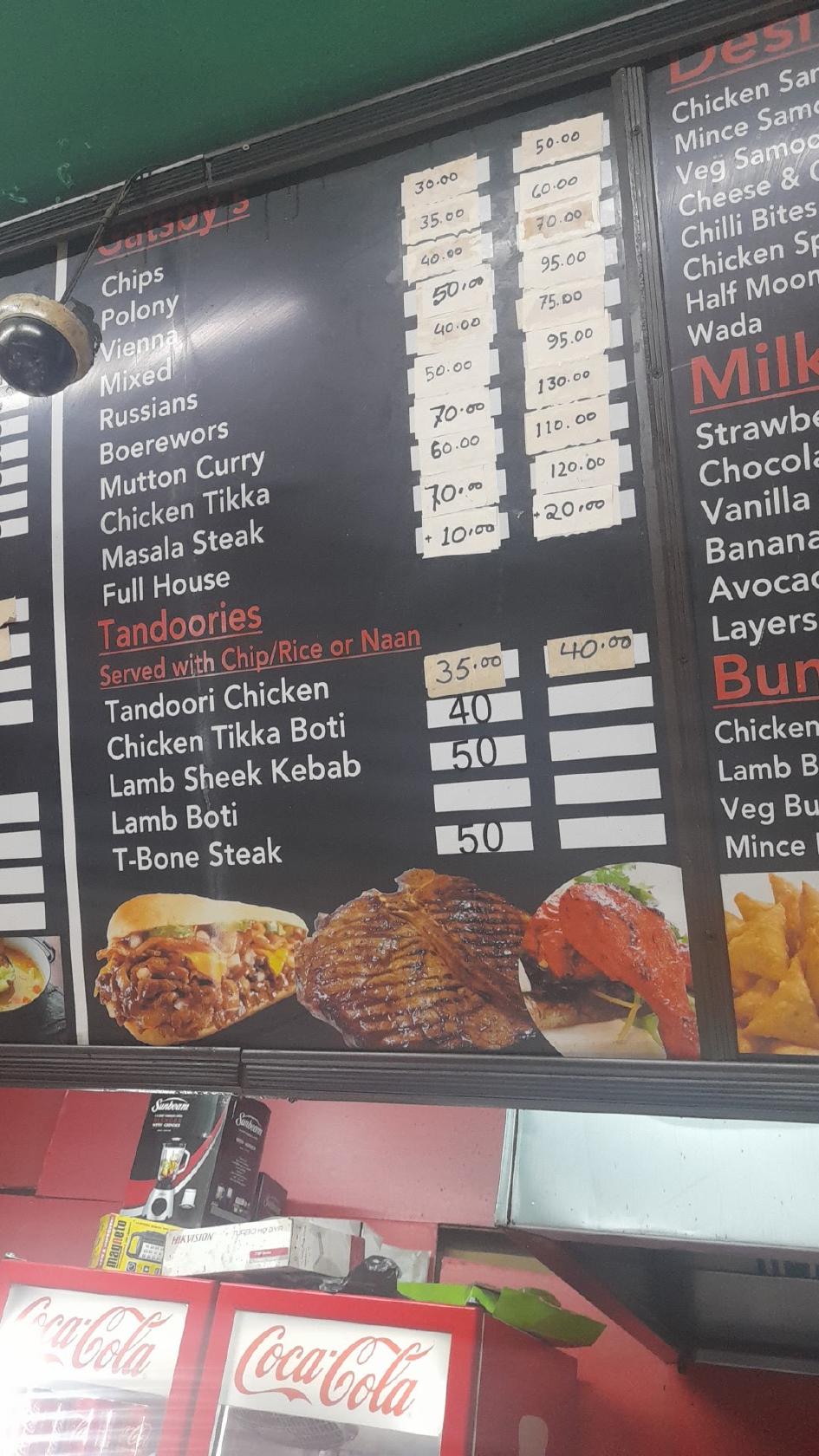 Menu at Sharafat takeaway restaurant, Cape Town