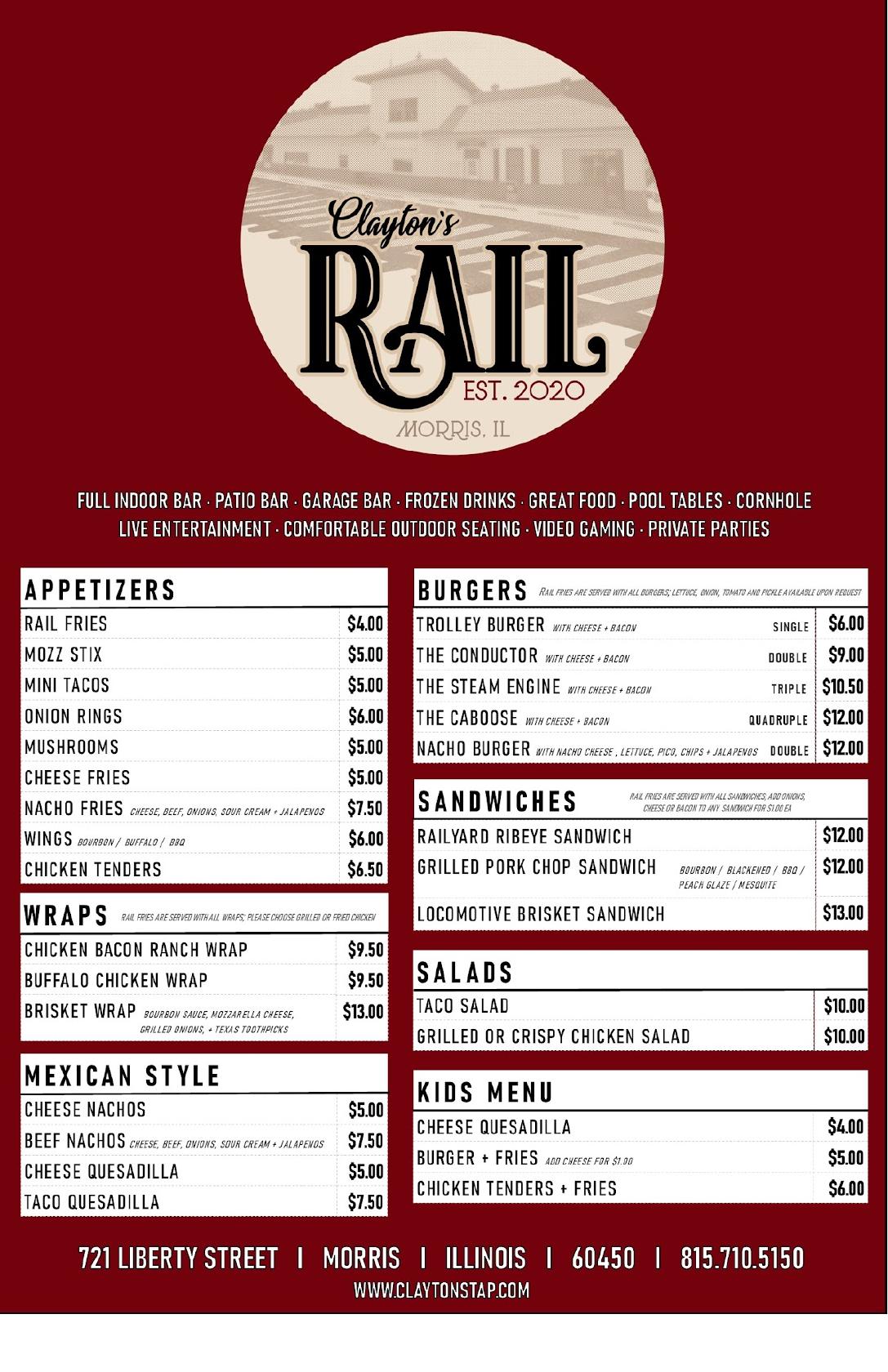 Menu at Clayton’s Rail and The Alley at Clayton's Rail restaurant, Morris